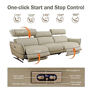 Plithzy Genuine Leather Power Recliner Sofa with LED, 114" Leather Sofa Couch with Adjustable Headrest&USB Charging, Power Reclining Sofa Living Room Furniture Set (Recliner Couch, Kachi Color)