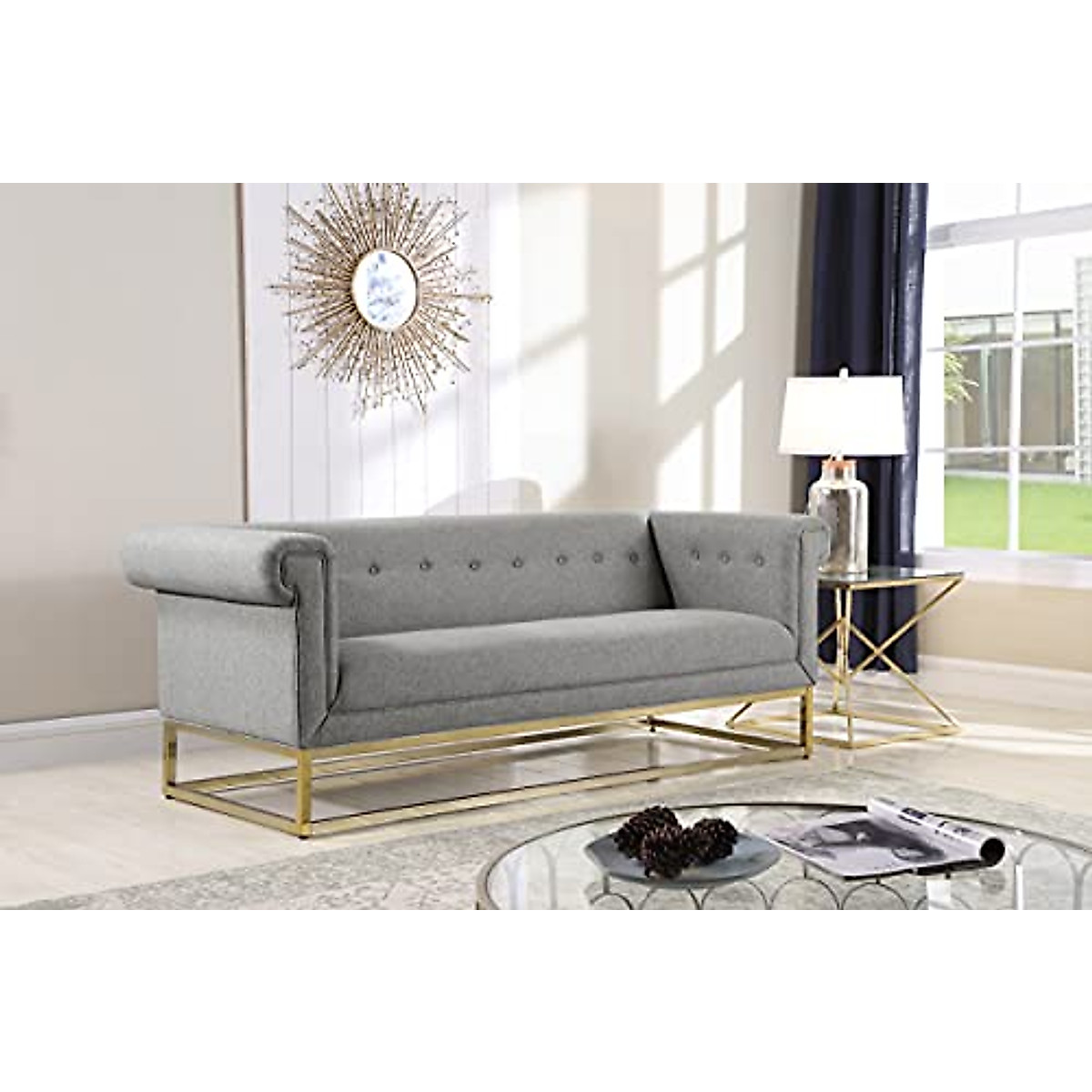 Iconic Home Palmira Sofa Button Tufted Linen-Textured Plush Cushion Brass Finished Brushed Metal Base Frame, Modern Transitional, Grey