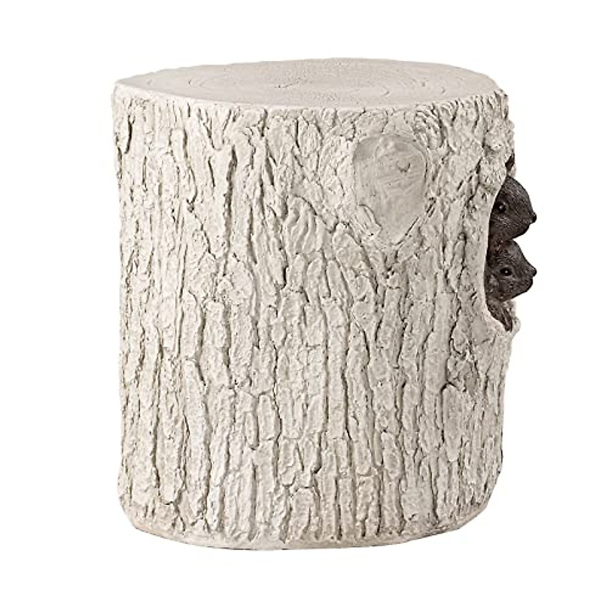COSIEST Outdoor Antique Beige Side Table Faux Wood, Hand-Painted Wood Stump Stool w Sculpted Squirrel, Outdoor Accent Table, Ottomans, Plant Stand, Deck or Garden