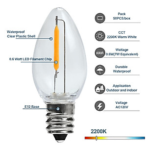 50 Pack C7 LED Night Light Bulbs, C7 LED Replacement Light Bulb for Christmas String Light, 0.6 Watt Equivalent to 7 Watt, Warm White 2200K, E12 Candelabra Base Clear Plastic LED Bulbs