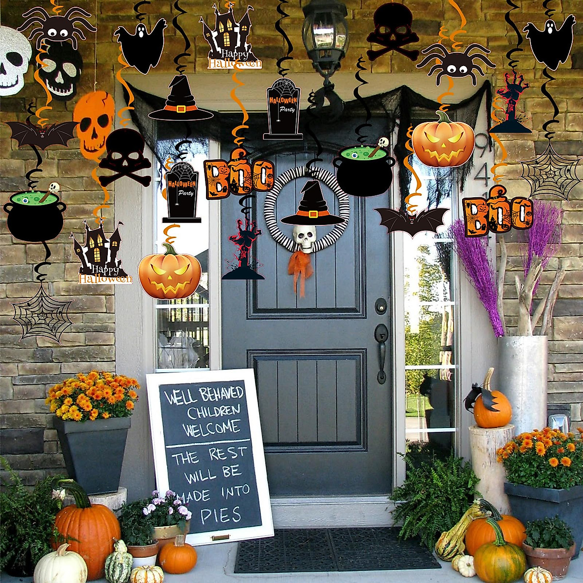 Halloween Hanging Swirl Decorations - 36 Pcs Hanging Halloween Spooky Ceiling Decor with Ghost Pumpkin Skull for Home Indoor Outdoor Party Office Halloween Party Decor Supplies