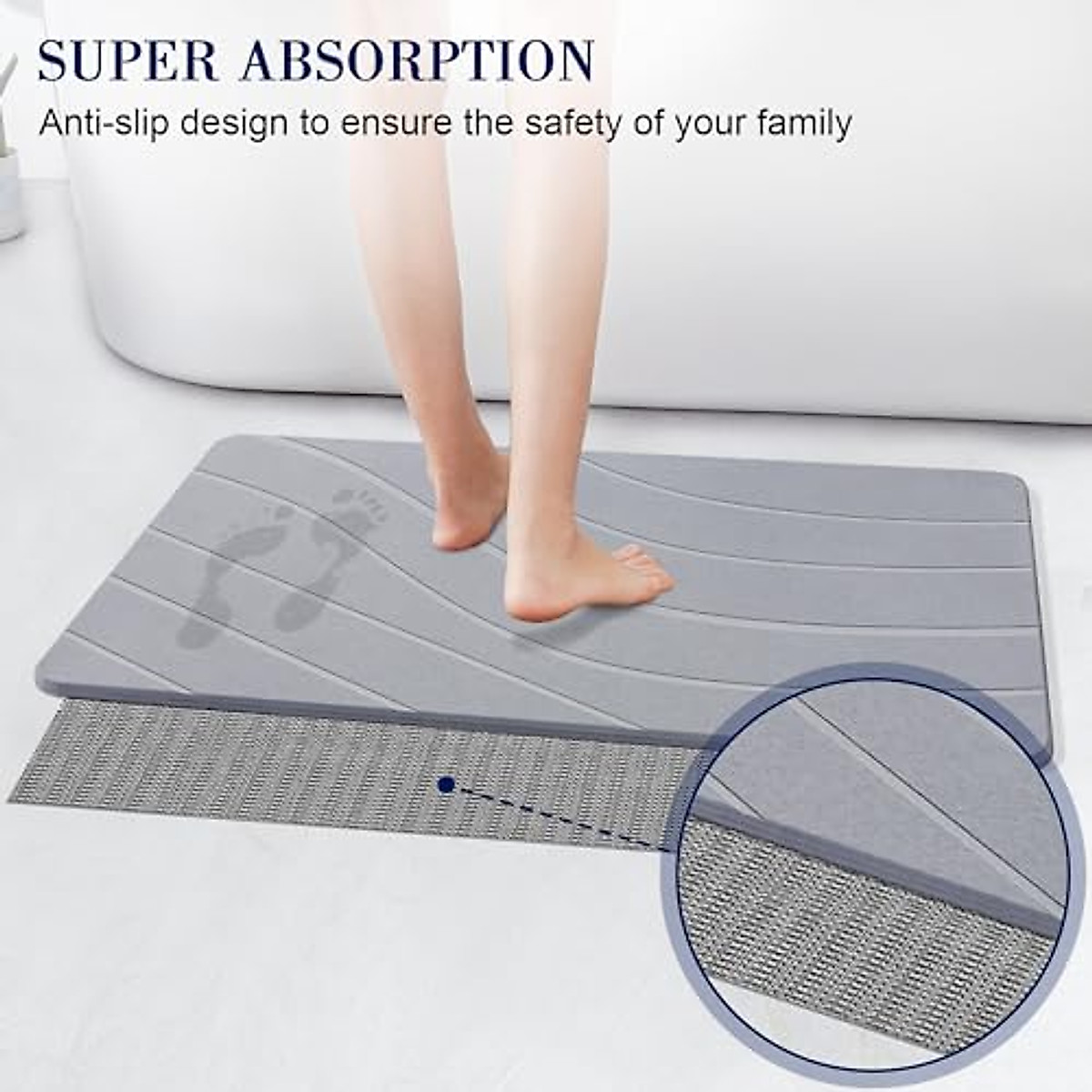 KOOTETA Stone Bath Mat, Diatomaceous Earth Shower Mat, Super Absorbent, Non-Slip, Quick Drying, Easy to Clean - Ideal for Bathroom, Shower Floor, and Kitchen Counter (23.5x15” Light Gray-Wavy Shape)