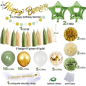 JINENUS Sage Green Birthday Party Decorations for Women Girls,Olive Green and Gold Birthday Decorations with Circle Dots Garland,Tissue Pompoms,Paper Tassels Garland Birthday Decor