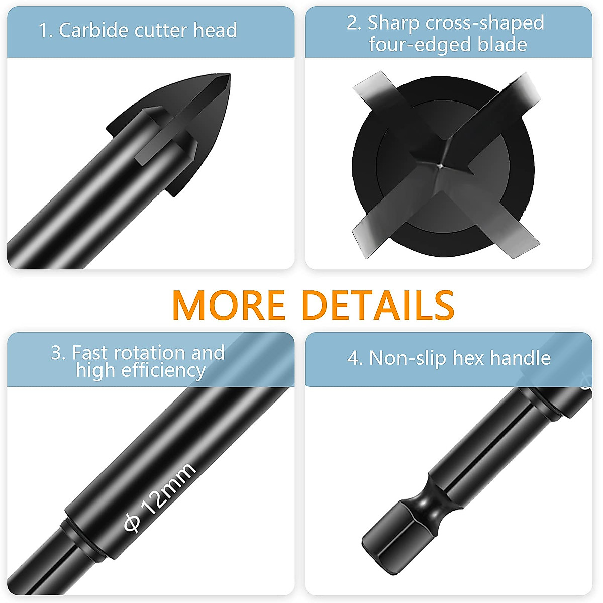 12 Pieces Glass Concrete Drill Bit Set Masonry Drill Bits for Brick, Tile, Plastic and Wood, Tungsten Carbide Tip for Wall Mirror and Ceramic Tile on Concrete and Brick Wall 3-12Mm (Black,3-12 Mm)