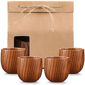 4 Pcs Wooden Bourbon Glass Bourbon Gifts for Men 150 ml Wood Whiskey Glasses Wooden Cup Mugs Wood Drinking Cup Old Fashioned Glasses with Kraft Bag for Tea Coffee Wine Lover Dad Brother Birthday Gift