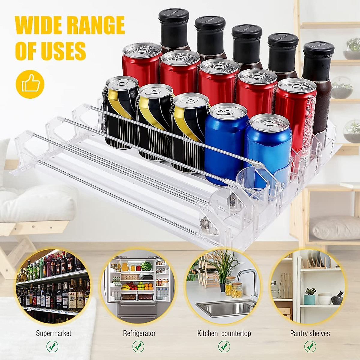 Drink Dispenser for Fridge, Number-one Soda Organizer for Refrigerator with Automatic Pusher Glide, Width Ajustable Soda Can Organizer for Beer, Pop Can, Water Bottle Storage Pantry, 5 Row (White)