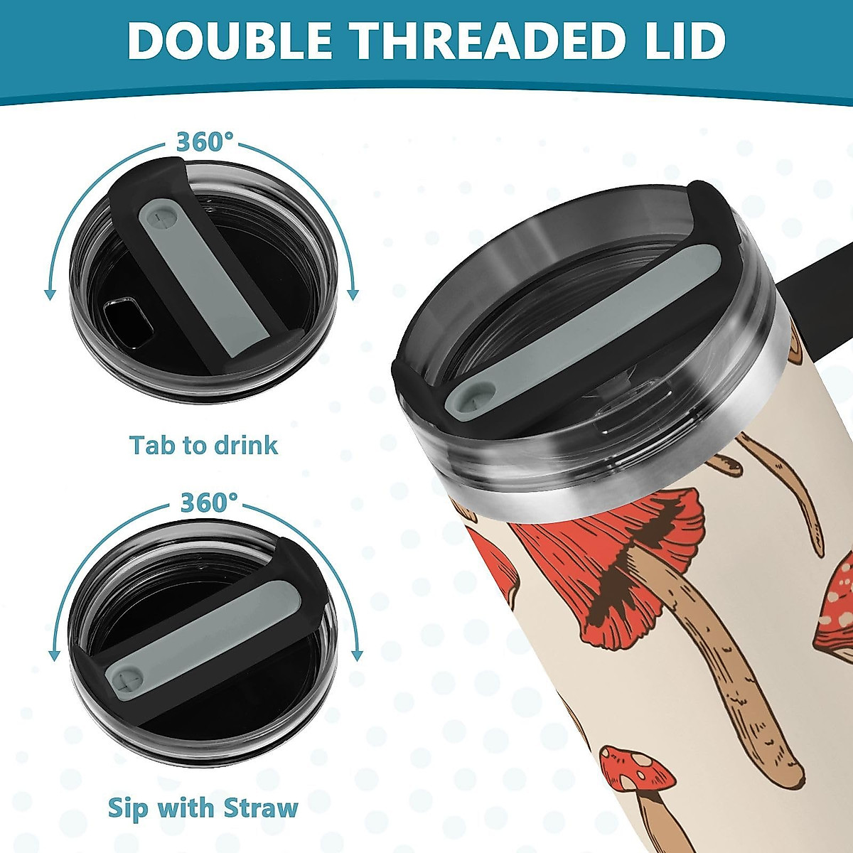Yasala Car Tumbler with Handle Mushroom Nature Botanic Travel Mug Coffee Cup Insulated Beverage Container Mega Cup for Hot Cold Drinking Thermos Water Bottle Cupholder Friendly 40 oz