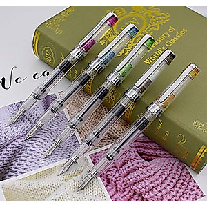 Lanxivi 5 PCS Yongsheng 3003 Fountain Pen Set Demonstrator Transparent Fine Nib with Ink Refill Converter, Perfect for Signature, School, Executive Business