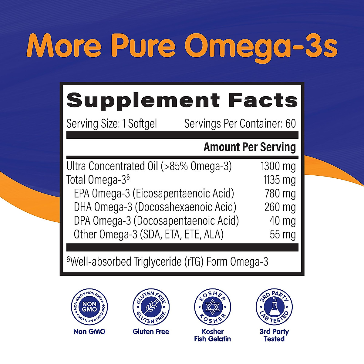 OmegaVia Ultra Concentrated Omega 3 Fish Oil Burpless, 60 Softgels, Triple Strength Omega 3 Fish Oil Supplements, 1135 mg Pure Omega3, No Fishy Burps, High EPA DHA DPA, IFOS 5-Star