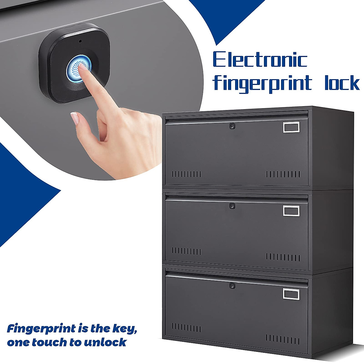TOMOSLTER Biometric Fingerprint Lateral File Cabinet, Large Drawer Metal Filing Cabinet with Hanging Rod for Letter, A4, documents and so on, for Home Office Using, Assembly Required