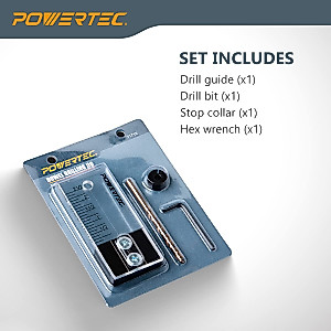 POWERTEC 71715 Dowel Drilling Jig with Depth Scale, Laser Cut Alignment Marker, Cobalt M-35 Drill Bit and Split Ring Stop Collar, 1/4-inch