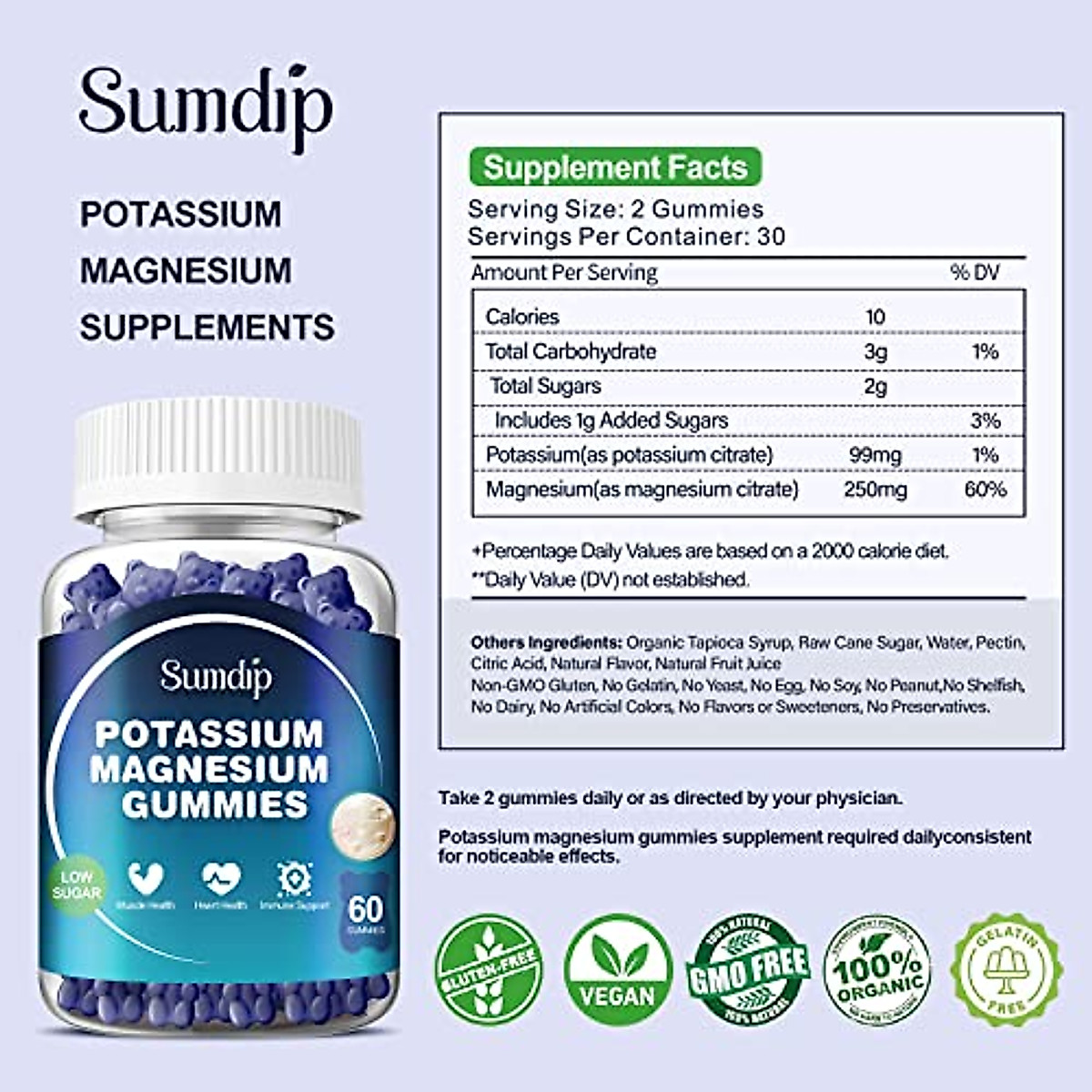 Potassium Magnesium Supplement Gummies High Absorption Potassium Citrate Magnesium Citrate, Support Leg Cramps for Men and Women 60 Gummies