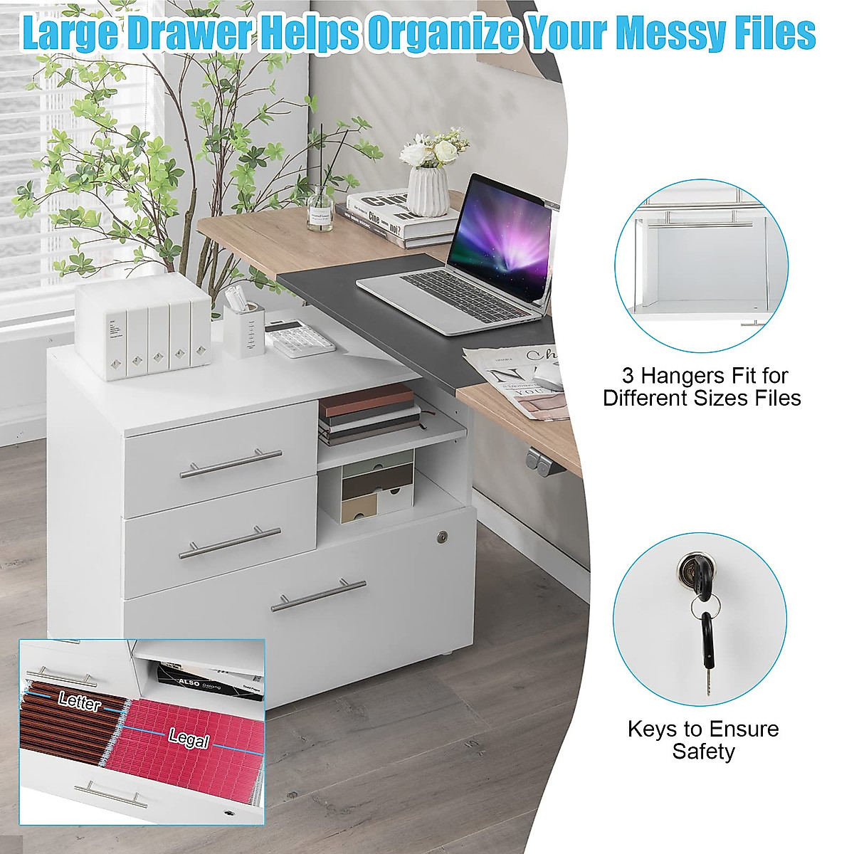 Giantex 3-Drawer Lateral File Cabinet - Under Desk Printer Stand with Storage Shelves, Hanging Bar for Legal/Letter Size Files, Lockable Filing Cabinet for Home Office Organization (White)