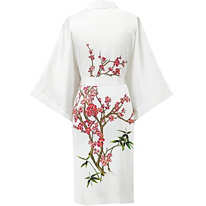 Kwedhonjh women's 100% silk kimono, short bathrobe pajamas, kimono pajamas (Plum white)