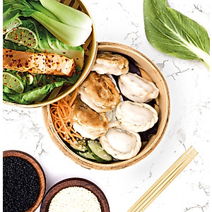 Bamboo Steamer 10 Inch - Basket 2 Tier Steam Cooker Pot for Rice, Dim Sum, Fish, Vegetable & Meat – Set of Two Bamboo Chopsticks, Steamer Liner and Steamer Basket