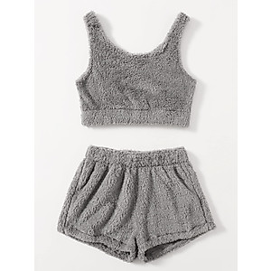 Verdusa Women's Fuzzy Pajamas Set Loungewear Crop Tank Top and Shorts Sleepwear Grey L