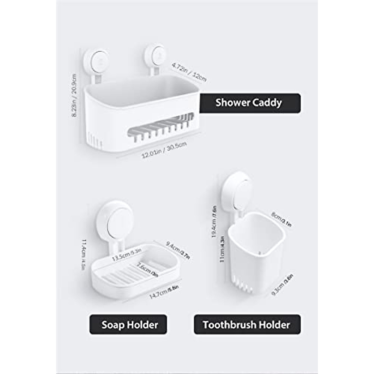 4OURVAN Shower Caddy Toothbrush Holder Soap Holder Suction Cup Set | Shelf Shower Basket Wall Mounted Shower Holder Organizer | Waterproof Bathroom Caddy Organizer | No-Drill Removable | 3 Piece White