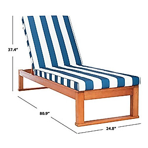 SAFAVIEH Outdoor Collection Solano Natural Wood/ Navy Stripe Cushion Patio Backyard Chaise Lounger Chair