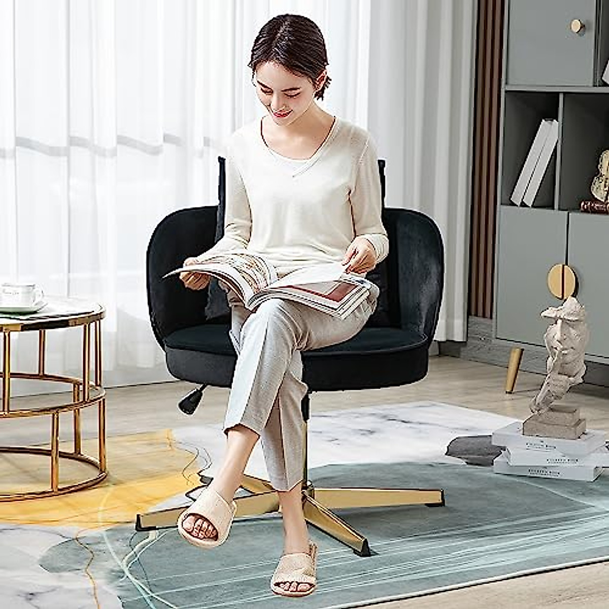 Pvillez Office Desk Chair No Wheels Polyester Fabric Armless Home Office Desk Chair Office Chair Vanity Chair Adjustable Swivel Home Office Computer Chair Task Chair with Pillow and Gold Base (Black)