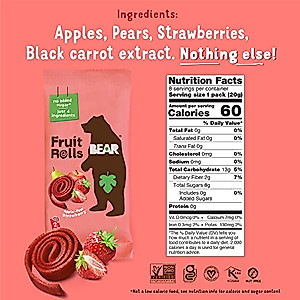BEAR Real Fruit Snack Rolls - Gluten Free, Vegan, and Non-GMO - Strawberry – Healthy School And Lunch Snacks For Kids And Adults, 0.7 Ounce (Pack of 12)