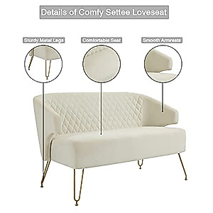 Homtique Velvet Loveseat Modern Tufted Accent Sofa Chair with Metal Golden Legs Upholstered 2 Seaters Couch for Small Spaces Elegant Settee Bench for Living Room, Bedroom, Apartment (White)