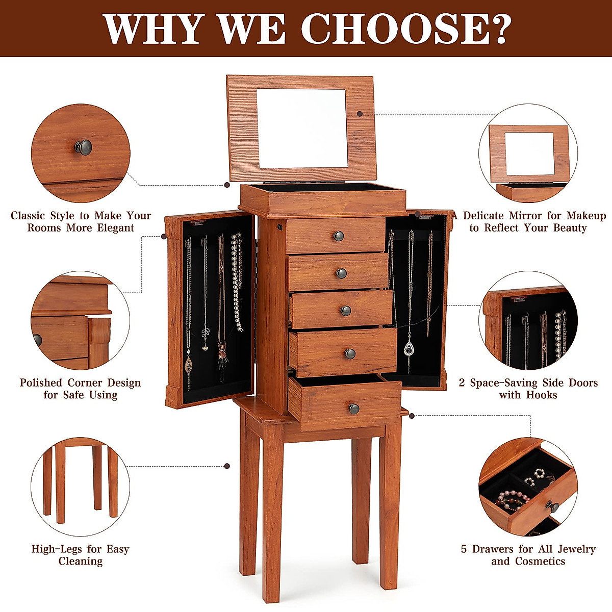 AVAWING Jewelry Cabinet Armoire with Top Flip Makeup Mirror, 5 Drawers&8 Necklace Hooks, Jewelry Storage Organizer with 2 Side Doors, Jewelry Armoire Box Chest with Top Organizer Compartment (Cherry)