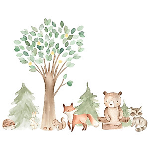 InnovativeStencils Woodland Watercolor Wall Decal Oak Pine Tree Animal Creatures - Bear, Fox, Raccoon, Rabbit, Squirrel, Porcupine Fabric Nursery Decals #3061 (84" Tall Tree (Including Leaves))