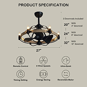 MOOONICHE 27'' Farmhouse Ceiling Fan with Light Remote Control, Vintage Cage Ceiling Fan with Lights, Rustic Chandelier Fan for Kitchen Dining Room Living Room