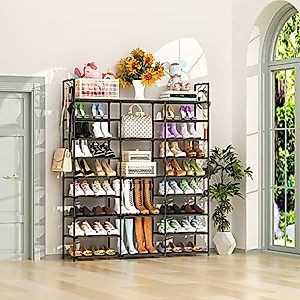 Finew 9 Tiers Shoe Rack Shoe Organizer, Shoe Rack for Entryway, Large Shoe Storage for 50-55 Pairs Shoes and Boots, Non-Woven Fabric Shoe Shelf with Versatile Hooks and Wooden Hammer for Bedroom