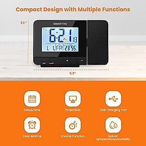 SMARTRO Digital Projection Alarm Clock for Bedrooms with Indoor Thermometer Hygrometer, USB Charger, Bedside Projector, Travel, AC and Battery Operated