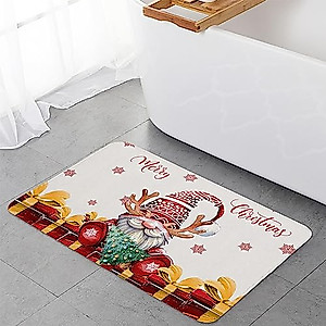 Libaoge Merry Christmas Kitchen Mat Rug Set of 2 Gnome with Horns Red Gift Box Runner Rug Anti-Fatigue Comfort Memory Foam Standing Mat Non-Slip Floor Door Mat for Bathroom Bedroom 16x24n+16x47in