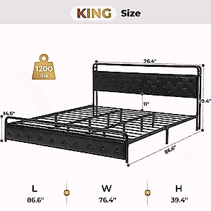 BTHFST King Size Bed Frame with Built-in LED Light Headboard, USB Ports & Outlets, Faux Leather Upholstered King Platform Bed Frame with Diamonds Tufting Design, Super Sturdy Bed Foundation, Black