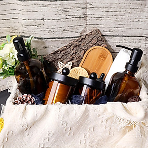 UrSpeedtekLive Bathroom Accessory Set 5 Pcs, 2 Pcs 16oz Amber Glass Soap Dispensers with Stainless Steel Pumps, 2 Pcs Qtip Holder Dispensers with Waterproof Labels & Bamboo Tray