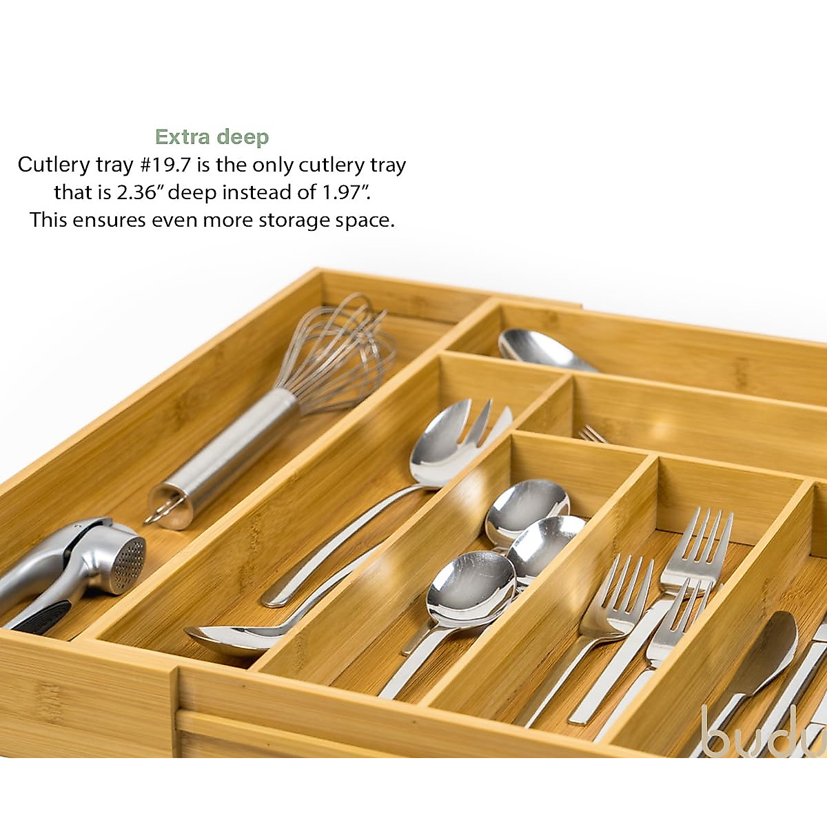 budu Silverware Drawer Organizer #19.7" Depth – Utensil Holder, Kitchen Drawer Organizers for Flatware, Cutlery – Perfect Utensil Organizer for Silverware & Other Kitchen Organization Tools & Storage