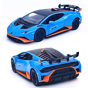 1:24 Alloy Diecast Car Model for Lamborghini Huracan STO 2021 Toy Car, Pull Back Vehicles Model Cars Toy for Kids 3 to 12 Years Old Gift Adult Collection Car Model with Light & Sound (Vibrant Blue)