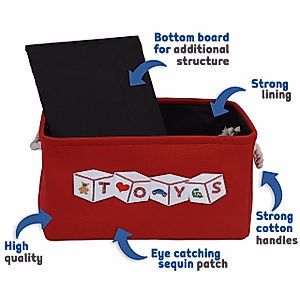 Toy Storage Basket Bin for Organizing Baby, Kids, Dog Toys, Children Books. Red Canvas Box Organizer w/Attractive White Patch for Playroom, Nursery