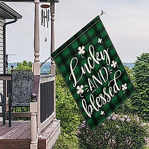 AVOIN colorlife Lucky and Blessed Watercolor Buffalo Plaid Shamrock House Flag Double Sided, St Patricks Day Yard Outdoor Flag 28 x 40 Inch