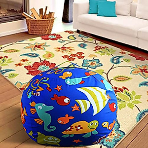 Stuffed Animal Storage Bean Bag Chairs Toy Storage Organizer Bean Bags Chair Cover for Kids 24" Cotton Canvas Beanbag with Zipper for Organizing Kid's and Adults Room, (Blue sea world, 24" x 1)