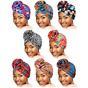 SATINIOR 8 Pieces Turbans African Pattern Knot Headwrap Bohemian Print Pre Tied Flower Knot Bonnet Hat for Women Girls (Vivid Style), One Size Multicoloured