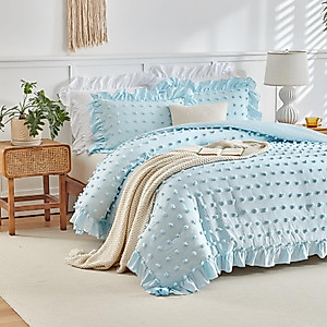 Tufted Dots Ruffle Comforter Set Twin Size, 3 Pieces Blue Ruffled Farmhouse Comforters, Luxury Embroidery Shabby Chic Pom Pom Tufts Boho Bohemian Bedding Set for Kids(1 Comforter + 2 Pillowcases)