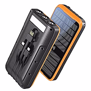 Solar-Charger-Power-Bank - Portable Charger,43800mAh Qc3.0 Fast Charging Qi 10W Wireless Portable Charger Built-in 2 Kinds Output Cable and 680Lumen Bright flashlights (Orange)