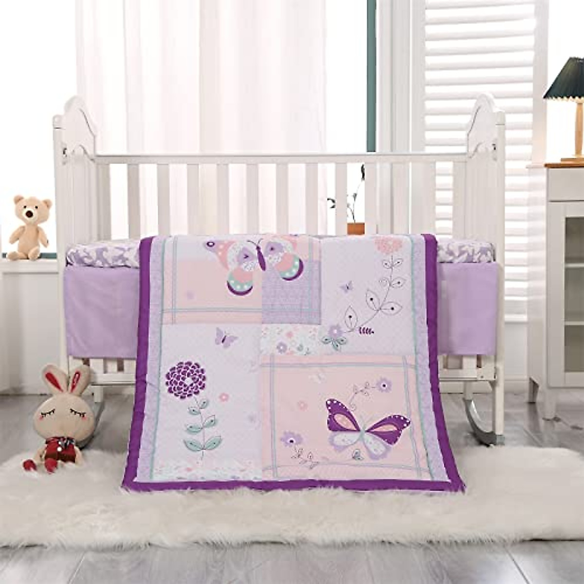 Wowelife Baby Girl Nursery Bedding Set Butterfly, Premium Purple Crib Bedding Set, Baby Girl Crib Bed Set Breathable and Soft for Girl
