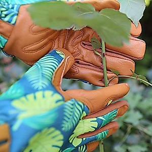 OLSON DEEPAK Womens Gardening Gloves with Grain Leather for Yard Work, Rose Pruning and Daily Work perfect fitting for women Garden Gloves with Fashion palm leaf pattern(Medium, normal-cuffs)