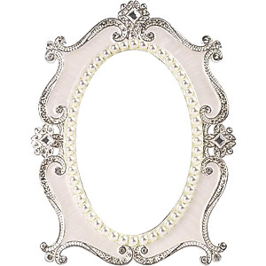 Nerien Vintage Vanity Tabletop Mirror, Metal Oval Decorative Makeup Mirror with Stand, Antique Table Cosmetic Mirror, Coquette Countertop Desk Dresser Mirror for Home Bedroom Bathroom (White, M)