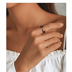 RUKYF 925 Sterling Silver Black Cat Rings with Black Gold Plating Dainty Stackable Adjustable Rings for Women Men Cute Cat Gifts for Cat Lovers