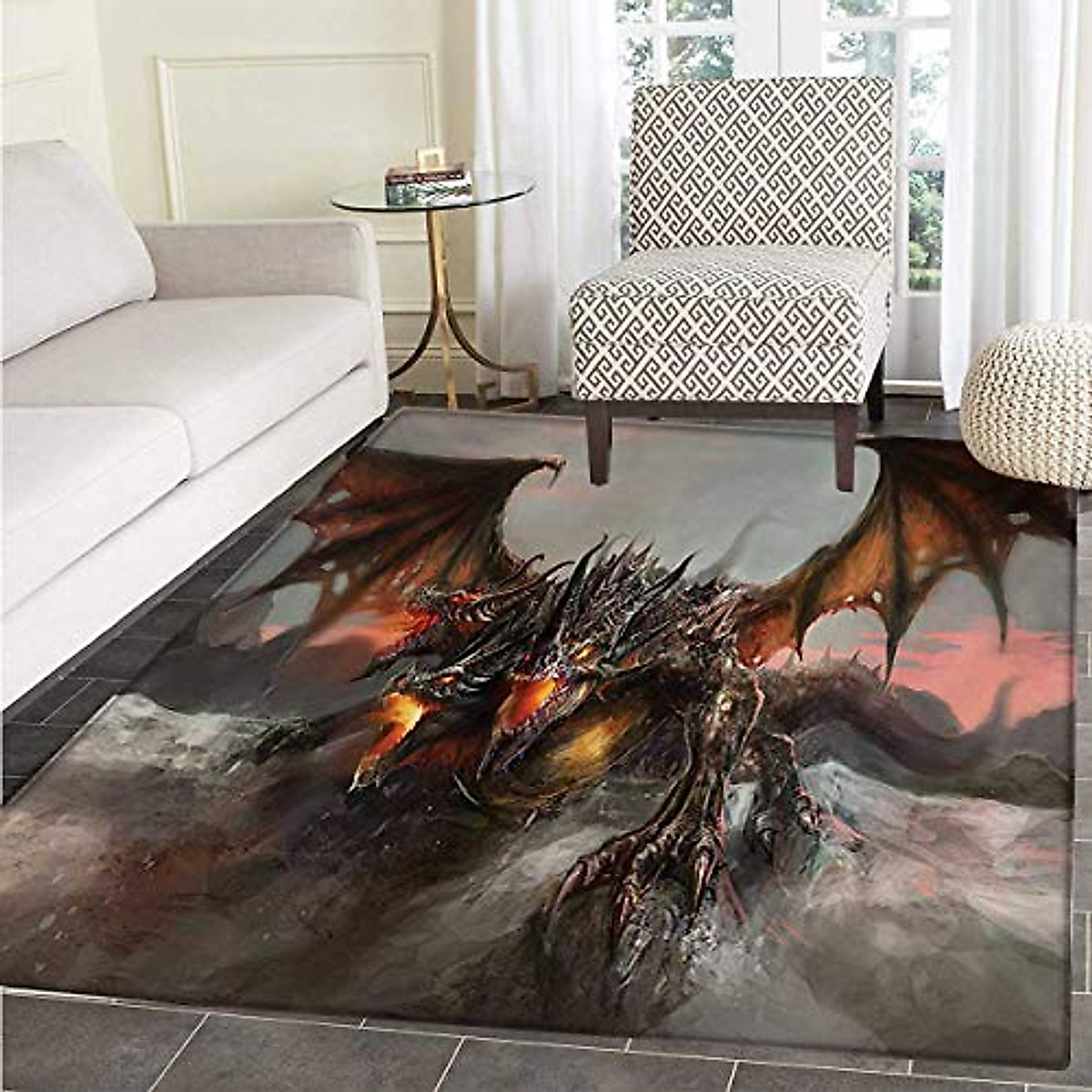 Fantasy World Bath Mats Bathroom Illustration Three Headed Fire Breathing Dragon Large Monster Gothic Theme Door Mats Inside Non Slip Backing 36"x60" Brown Grey