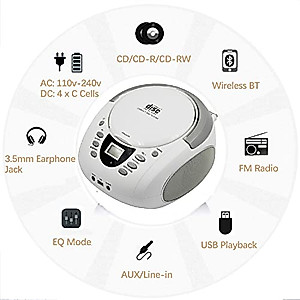 LONPOO CD Player Portable Boombox with FM Radio/USB/Bluetooth/AUX Input and Earphone Jack Output, Stereo Sound Speaker & Audio Player,White
