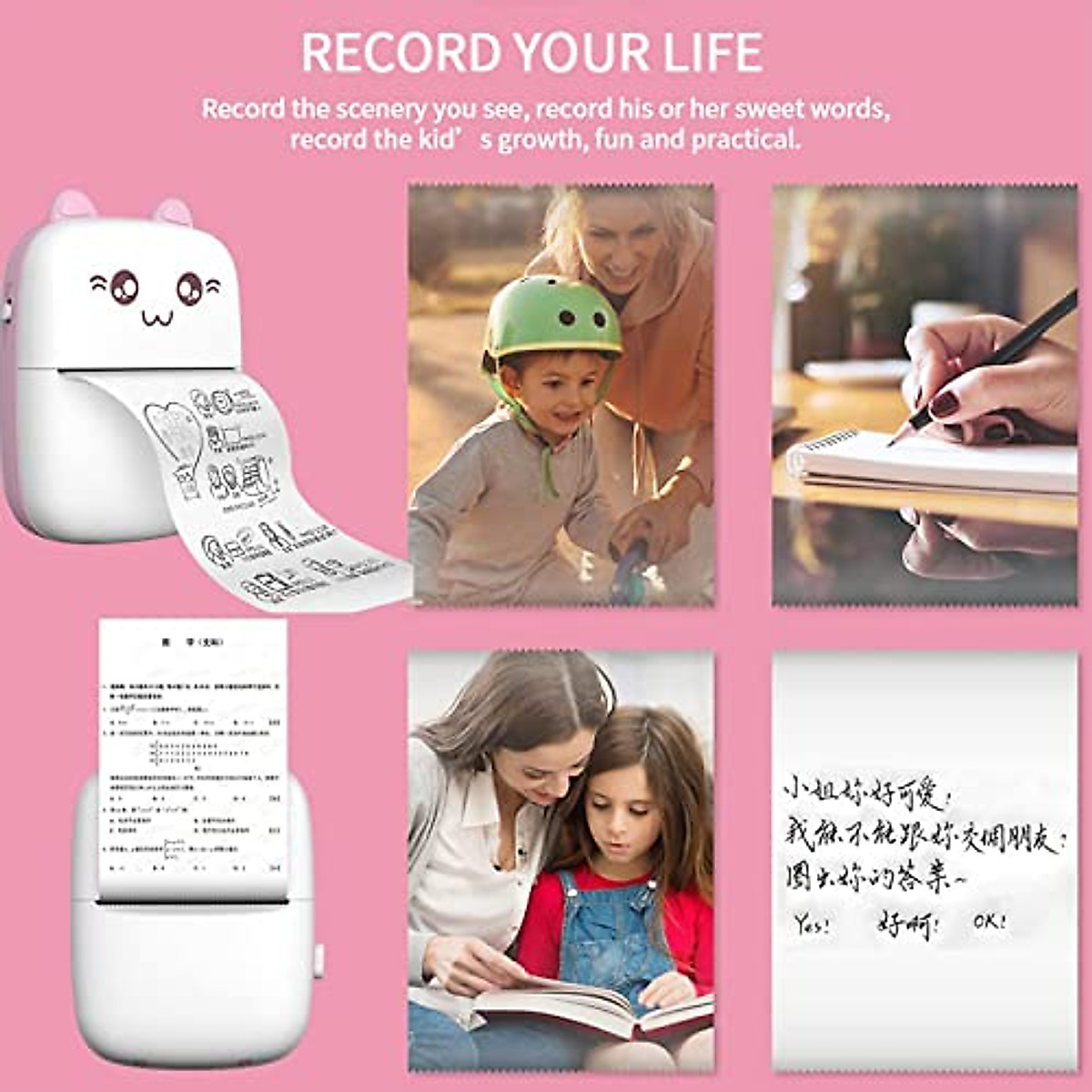 KGG Portable Mini Printer Pocket Wireless Bluetooth Thermal Printers with 9 Rolls Printing Paper for Photo Receipt Label Memo Wrong Question Notes QR Code Inkless Printing with iOS Android APP Pink