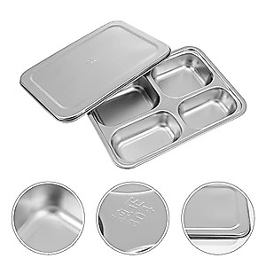 Cabilock Stainless Steel Divided Plate with Lid Rectangular 4 Compartment Serving Tray Platter Dinner Snack Dish for Kids Lunches Portion Control Camping