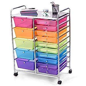 GOFLAME 15-Drawer Rolling Storage Cart, Multipurpose Movable Organizer Cart, Utility Cart for Home, Office, School (Multicolored & Clear)
